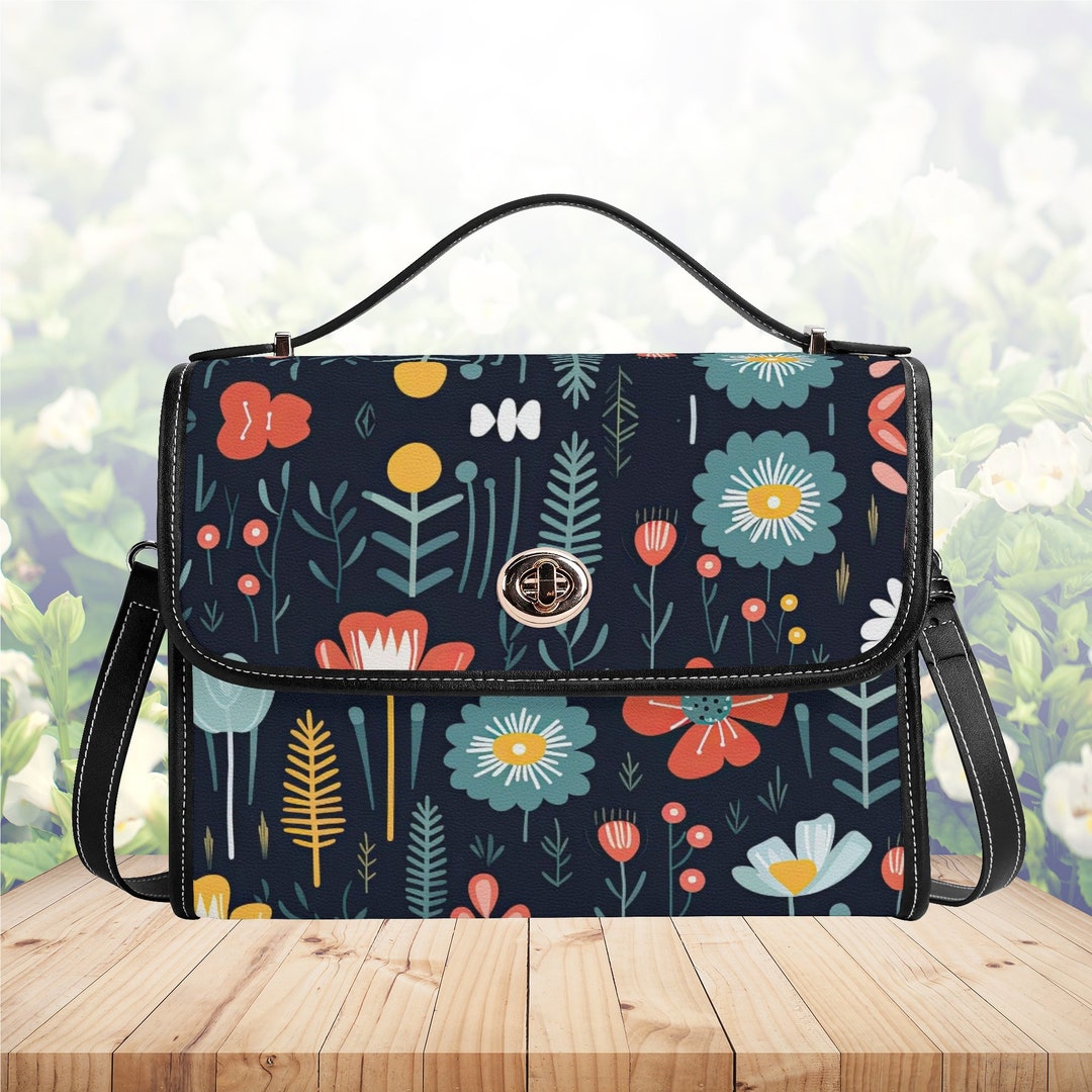 Black Floral Boho Print Handbag, Ladies Faux Leather Cottage-core Bag ...
