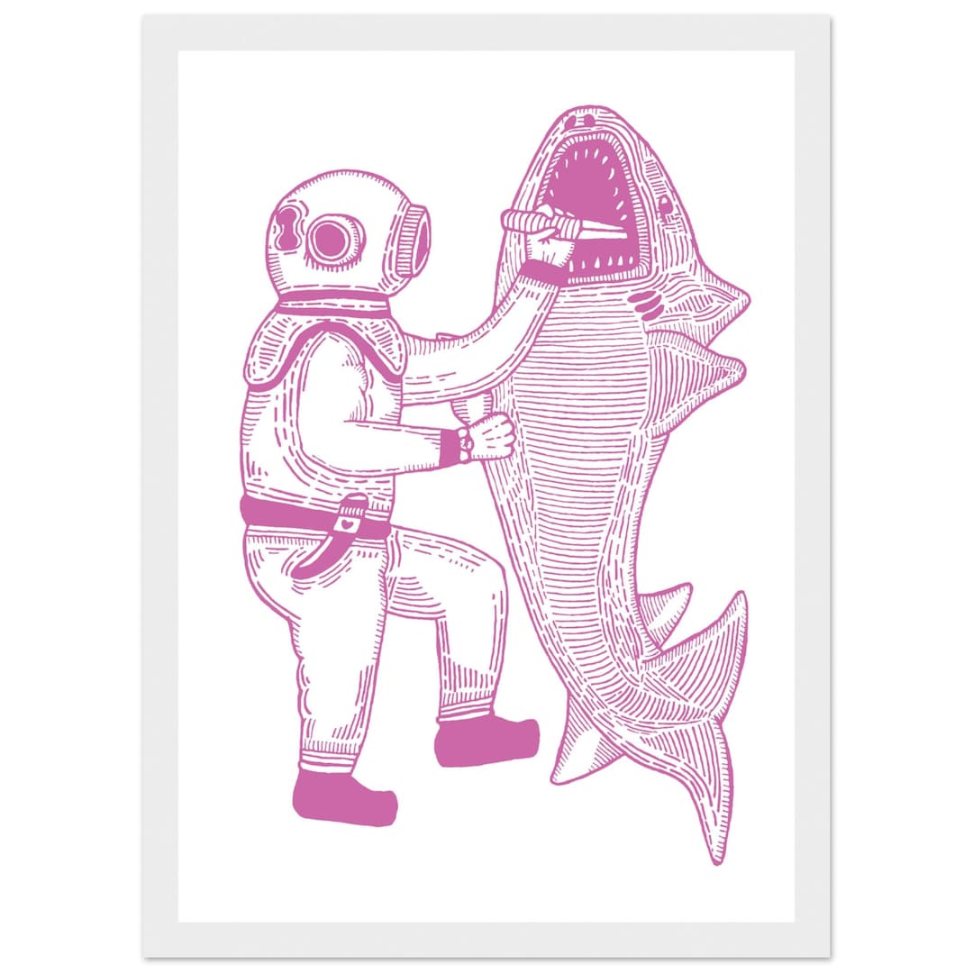 Deep Dive Art Print: Diver & Shark, Pink Line Art - Etsy