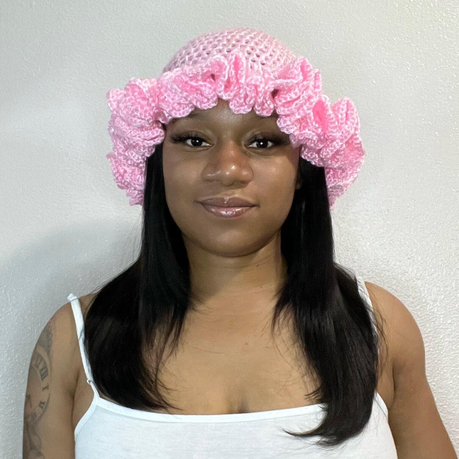 Pink Crochet Ruffle Hat - Etsy