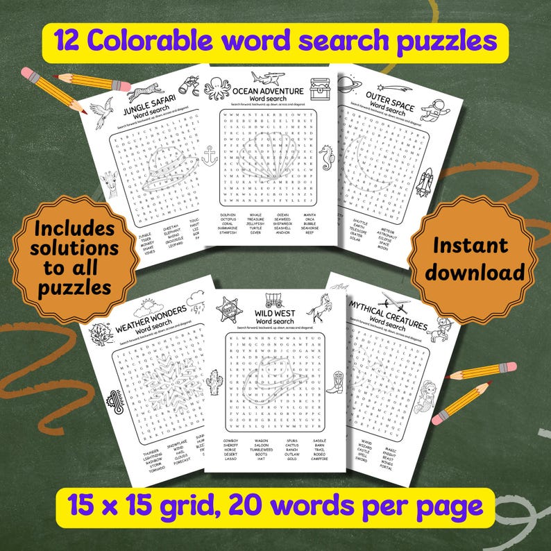 12 Colorable Word Search Puzzles, Printable Puzzle, Word Search for ...