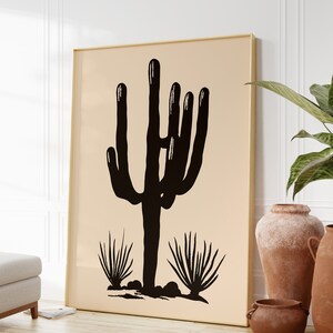 Linocut Style Saguaro Cactus W/ Agaves is Vintage-inspired Art in Black ...
