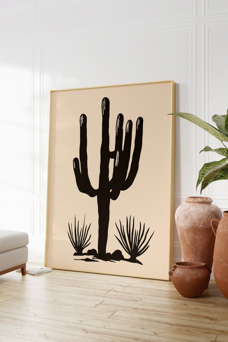 Linocut Style Saguaro Cactus W/ Agaves is Vintage-inspired Art in Black ...