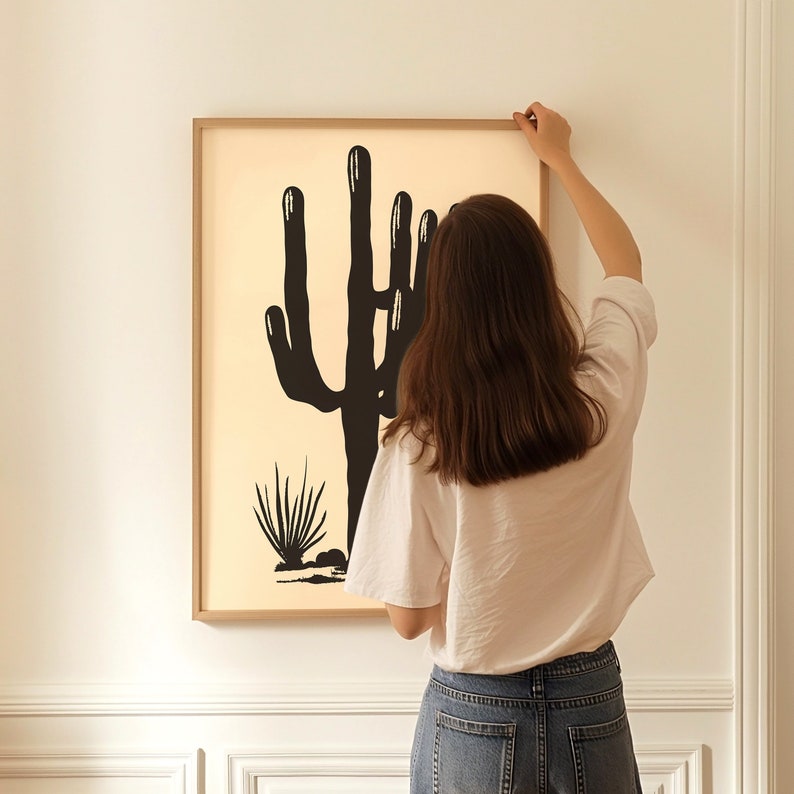 Linocut Style Saguaro Cactus W/ Agaves is Vintage-inspired Art in Black ...
