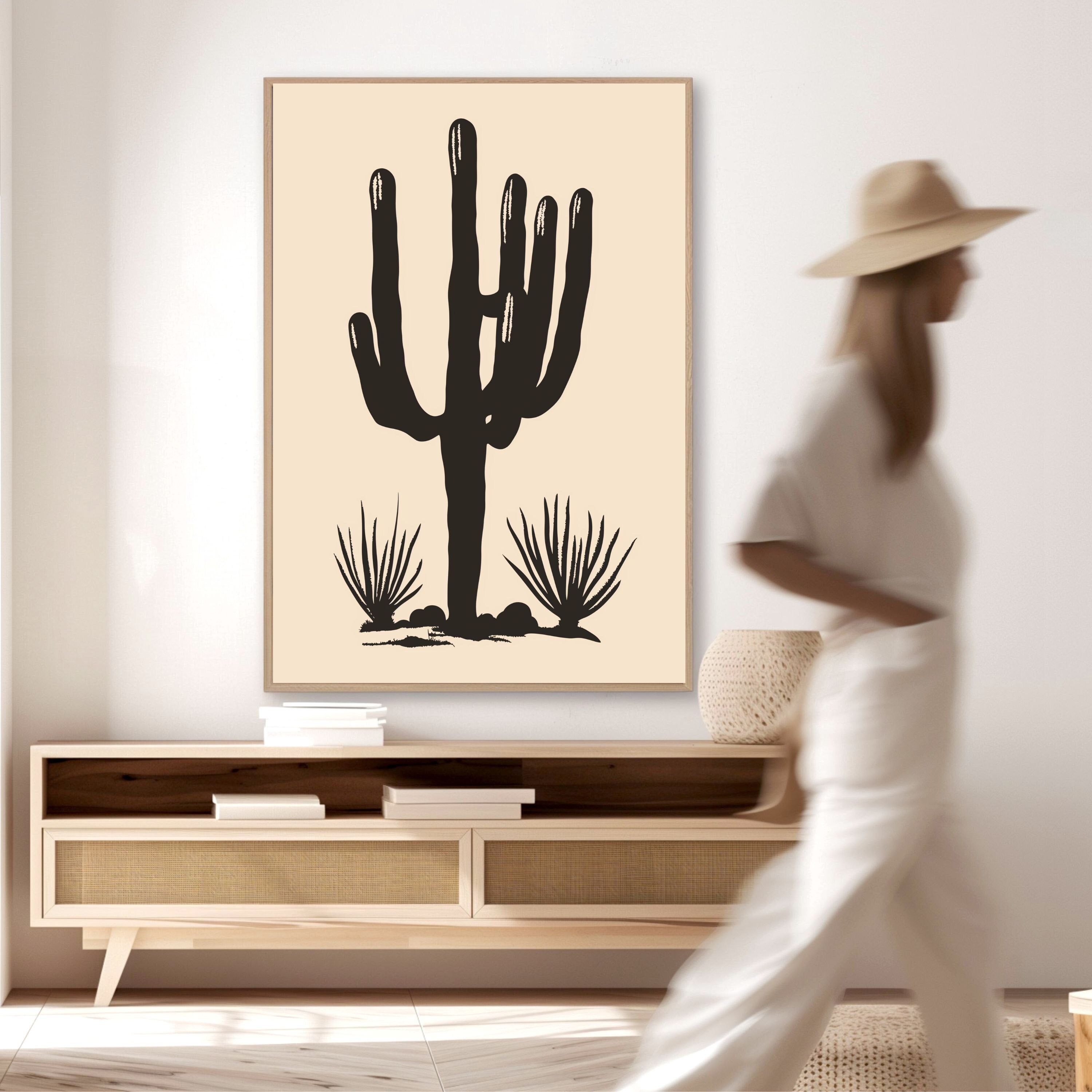 Linocut Style Saguaro Cactus W/ Agaves is Vintage-inspired Art in Black ...