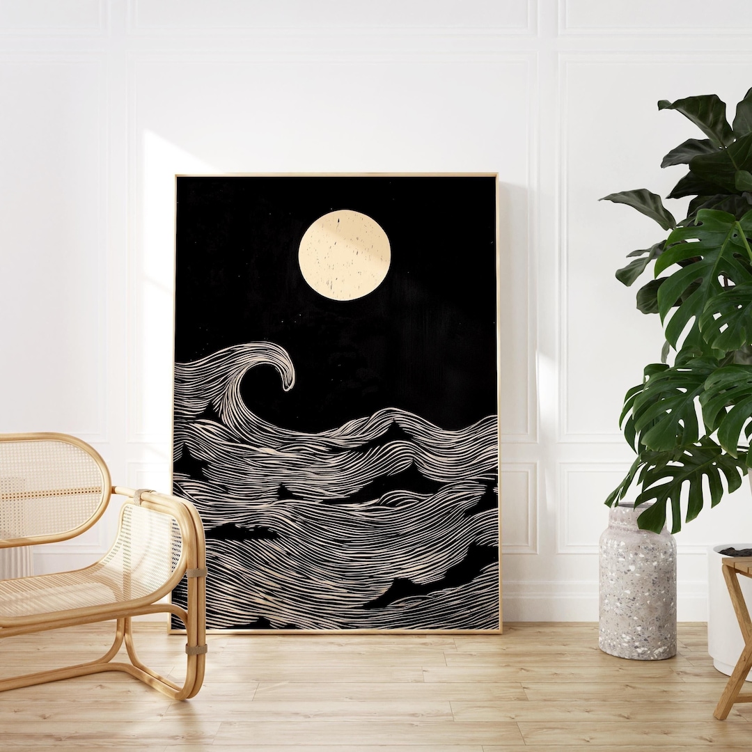 Meditative Zen Ocean Wave Art Print: Black and Beige Coastal Seascape ...