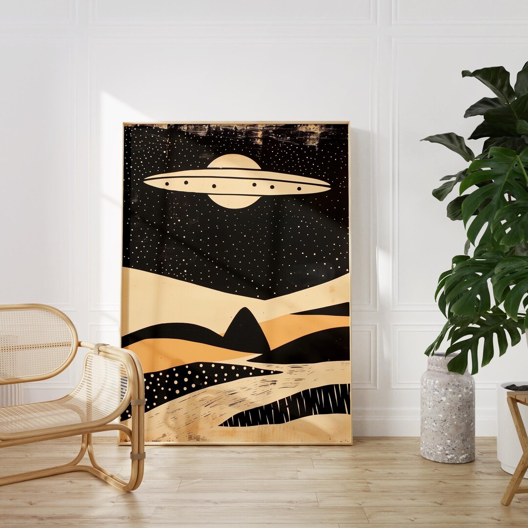 Stylish UFO UAP Desert Landscape Art Print Drawing Has Flying Saucer in ...