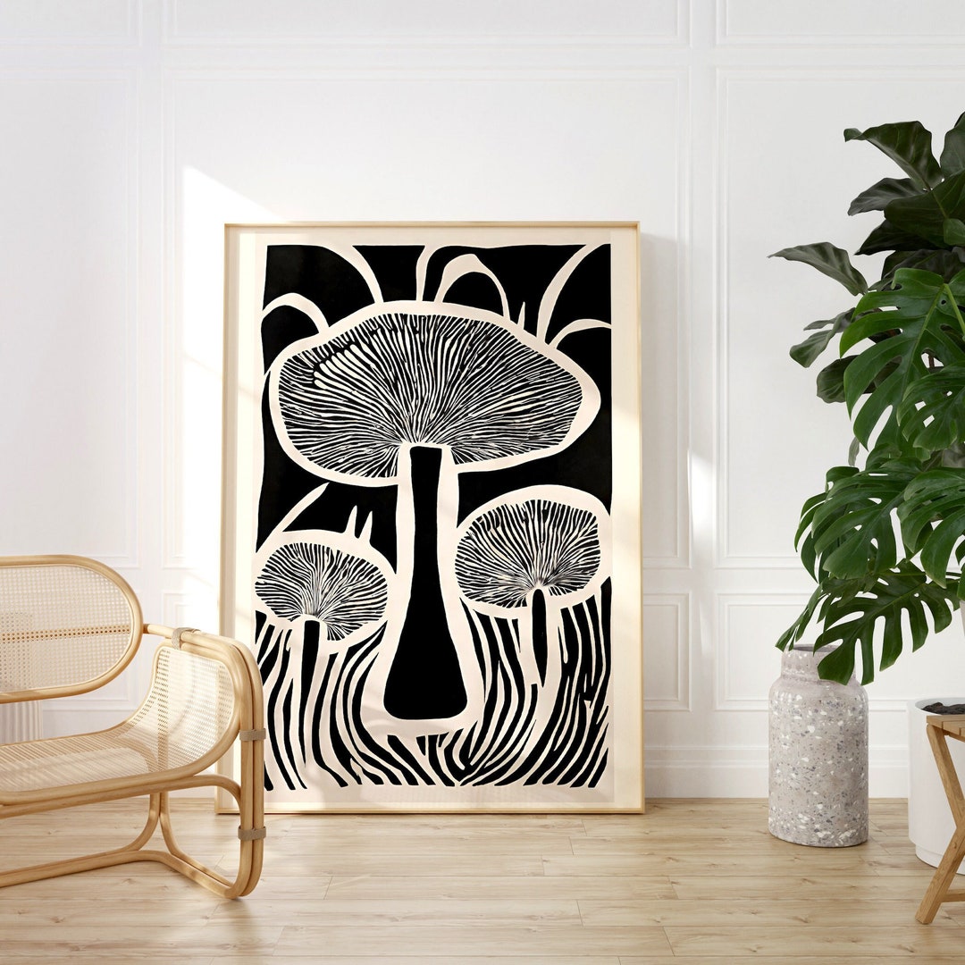 Charming Mid Century Block Print Style Mushroom Print in Luxurious ...