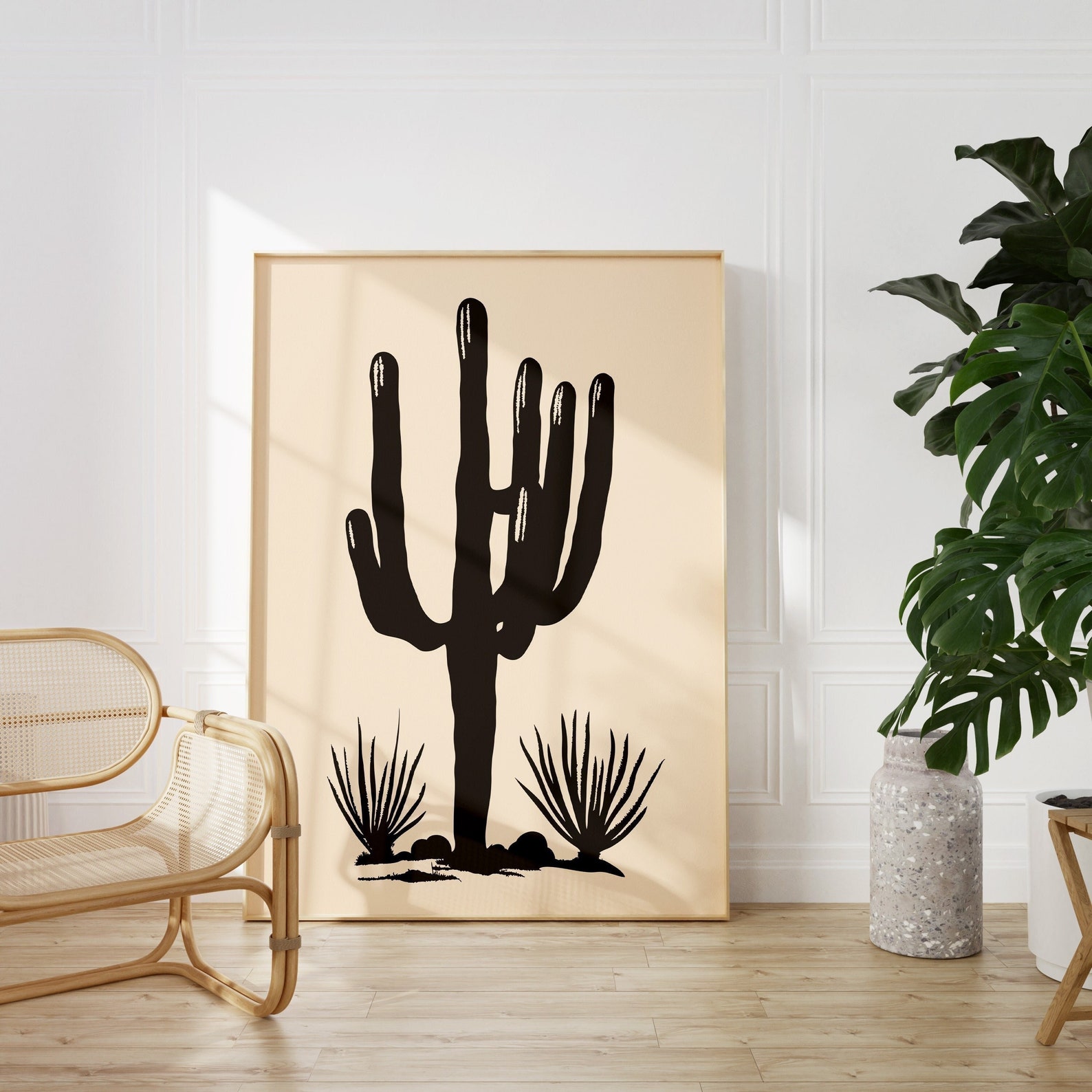 Linocut Style Saguaro Cactus W/ Agaves is Vintage-inspired Art in Black ...