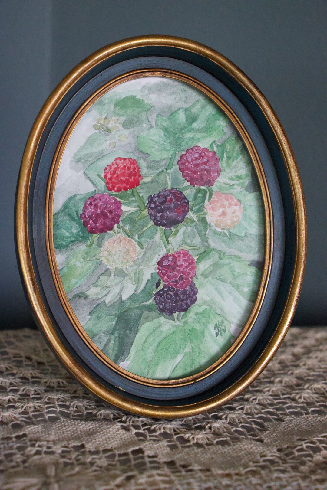 SUMMER RASPBERRIES original Art Painting in Watercolor 5x7 Oval Framed ...