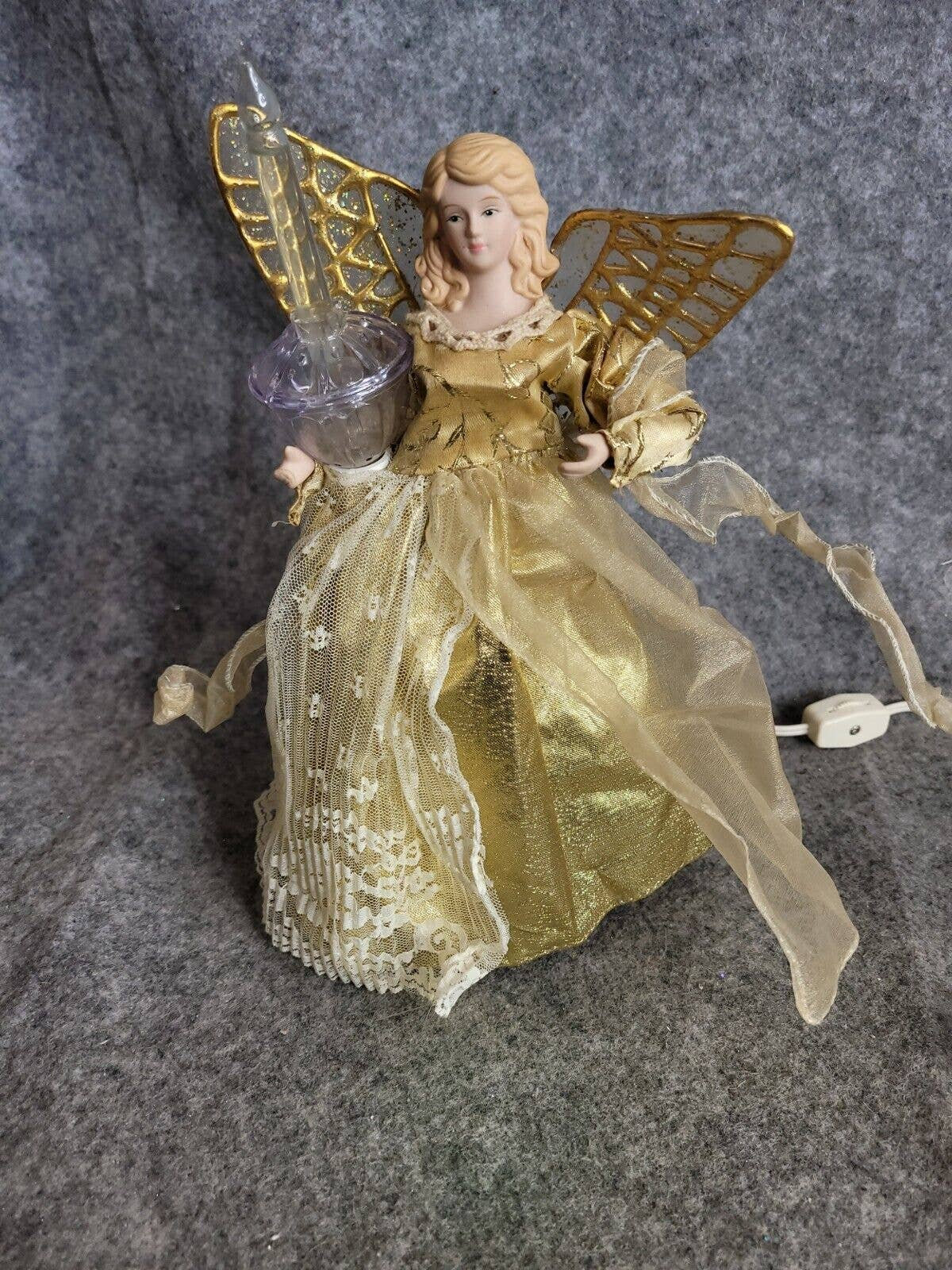 Vintage Illuminated Angel Tree Topper Gold Ivory Webbed Wings Christmas ...