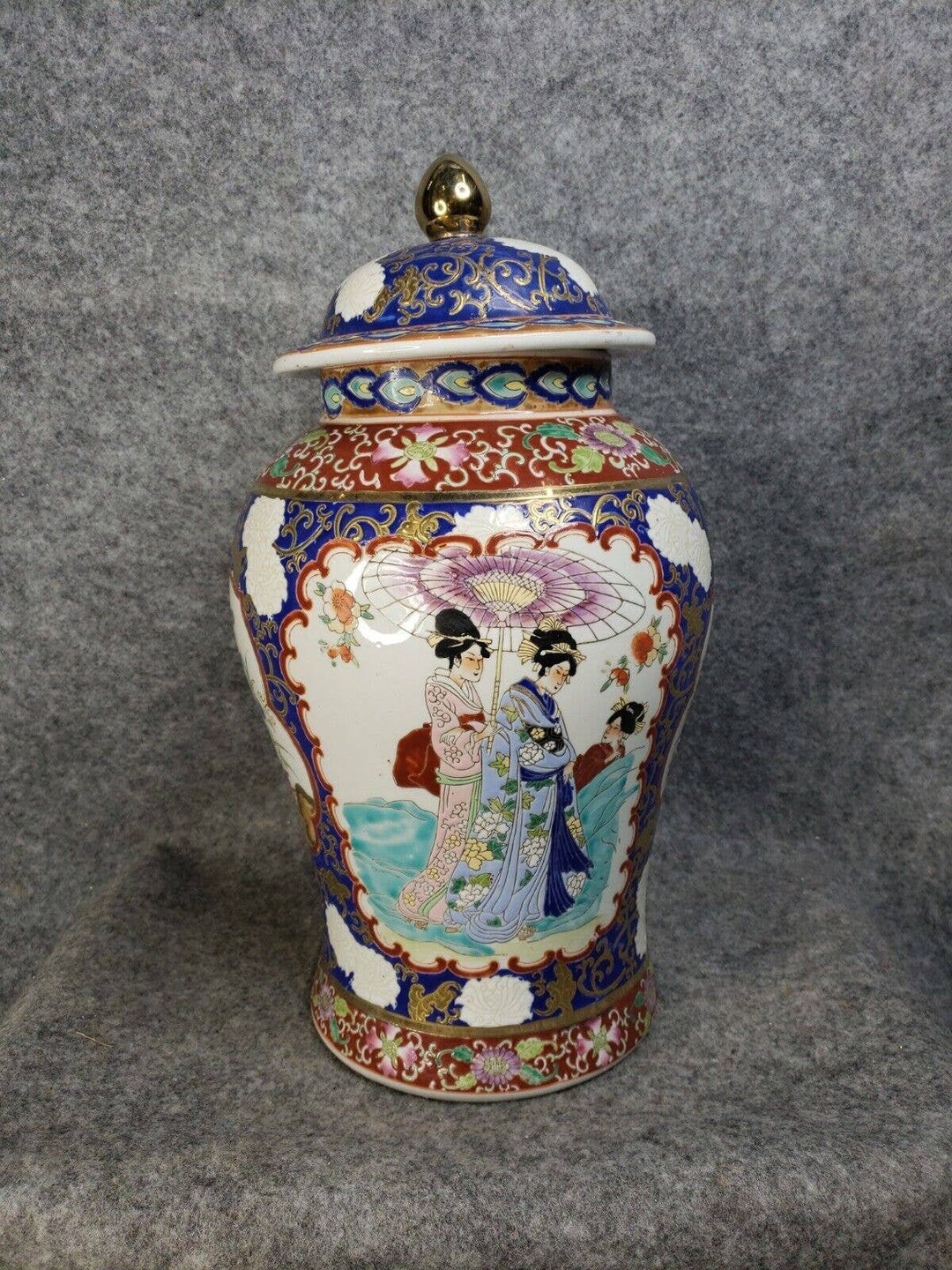 Vintage Chinoiserie Ginger Root Jar Geisha Girl Chinese Dynasty Enamel ...