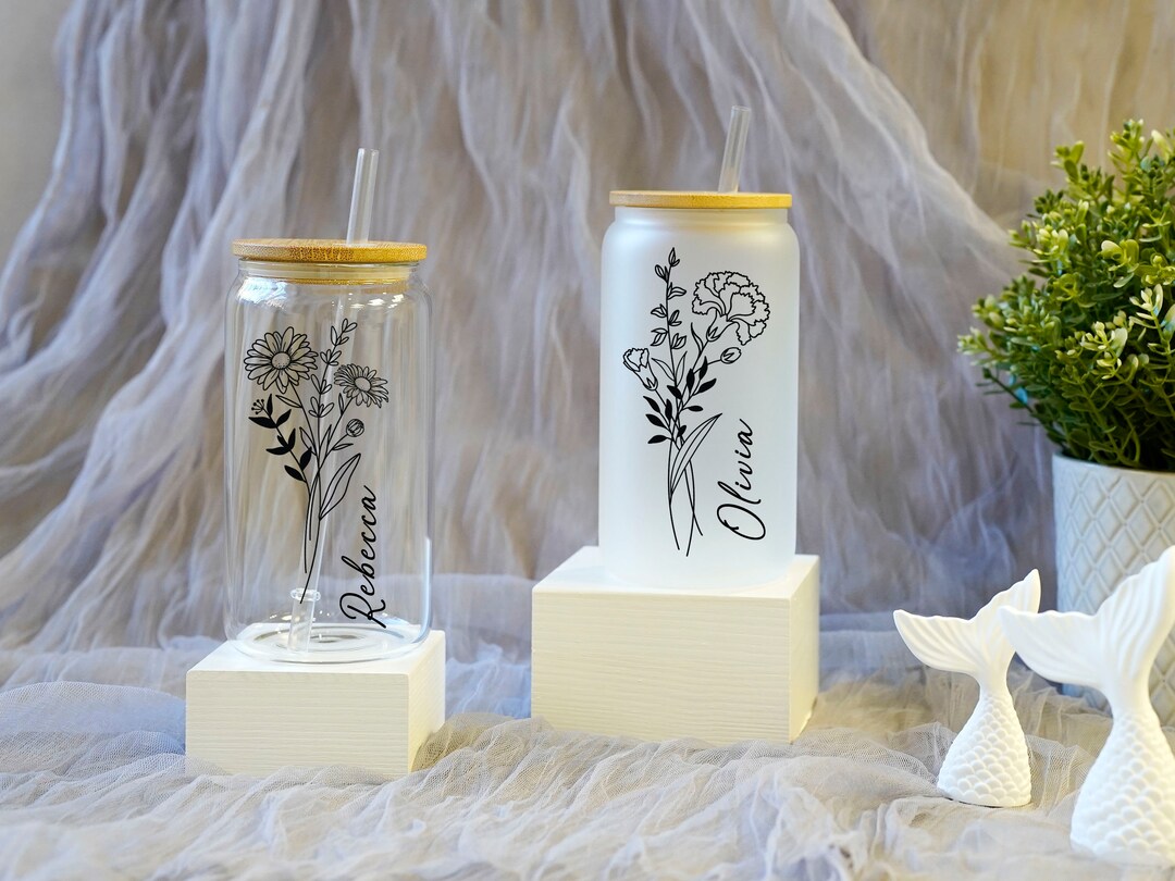 Personalized Birth Flower Iced Coffee Cup, Custom Name Cup With Lid ...