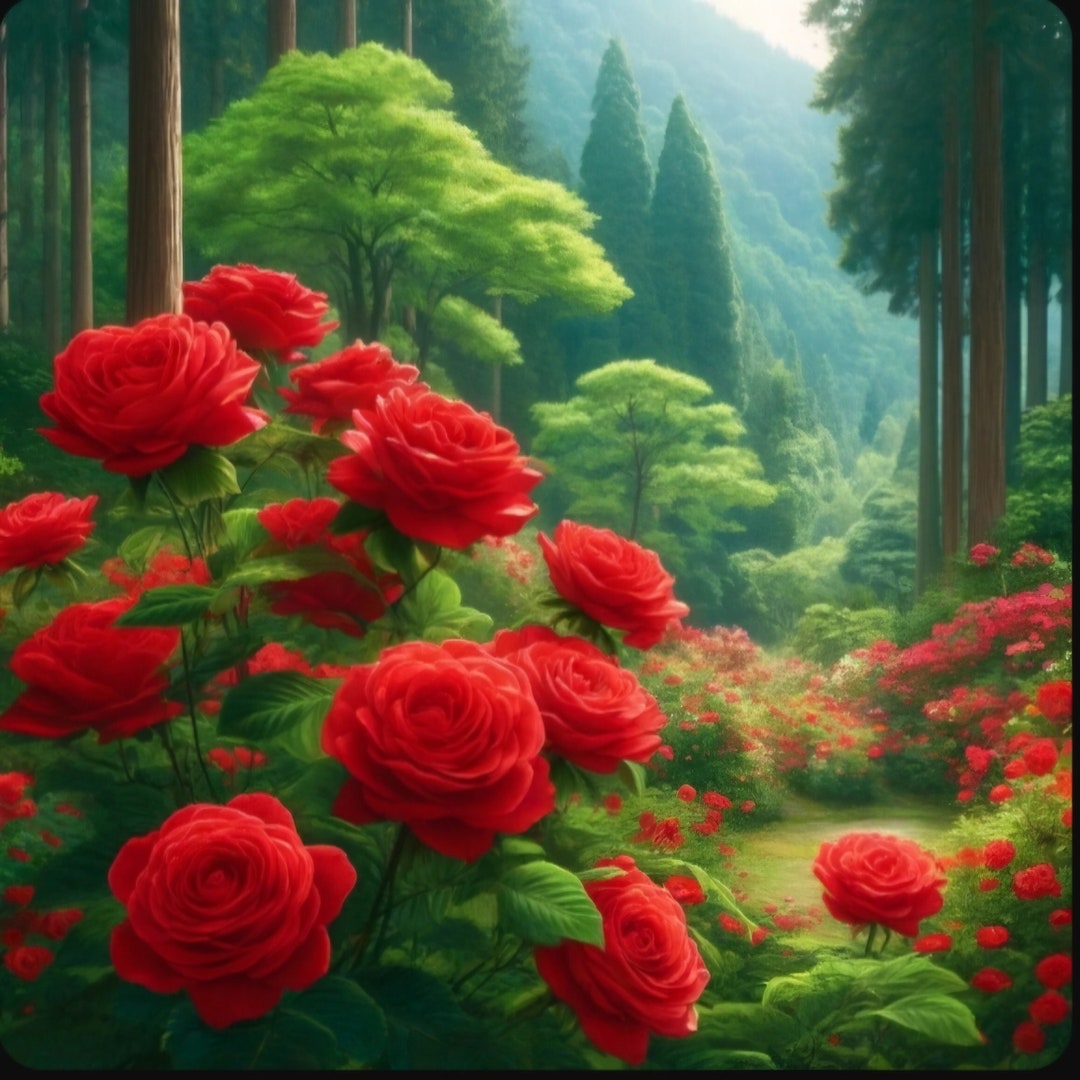 Here's the Image Featuring a Lush Red Rose Bush With a Forest Backdrop ...
