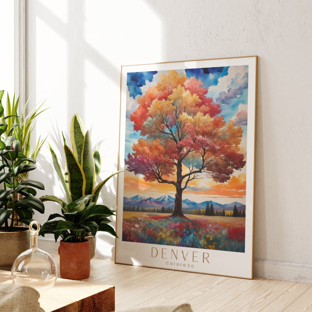 Denver Travel Poster Wall Art Gift Print Colorado, Tree Oil Paint Decor ...