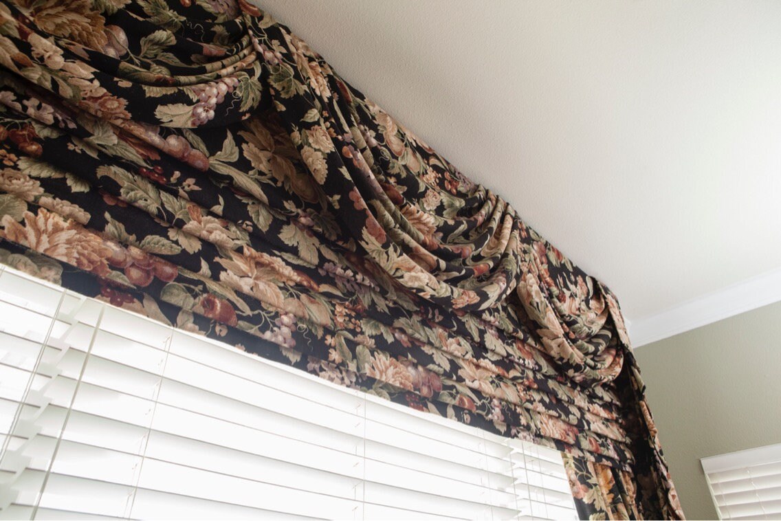 Elegant Triple Fancy Valance Treatment Featuring Faux Roman/swag With ...