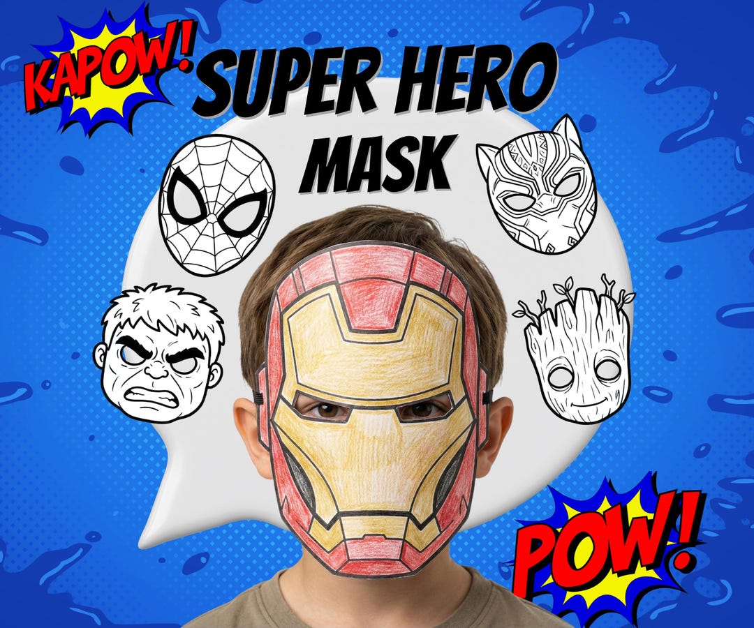 DIY Coloring Superhero Masks | Printable Kids Party | Superhero Favor ...
