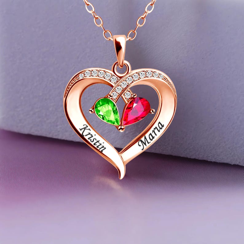 Custom Heart Pendant Necklace: Personalized Names & Birthstones - Etsy