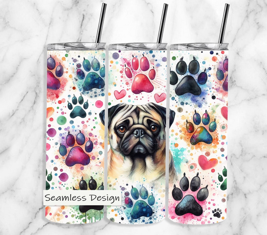 Pug Dog and Colorful Paw Prints, Seamless Sublimation Design 20oz ...