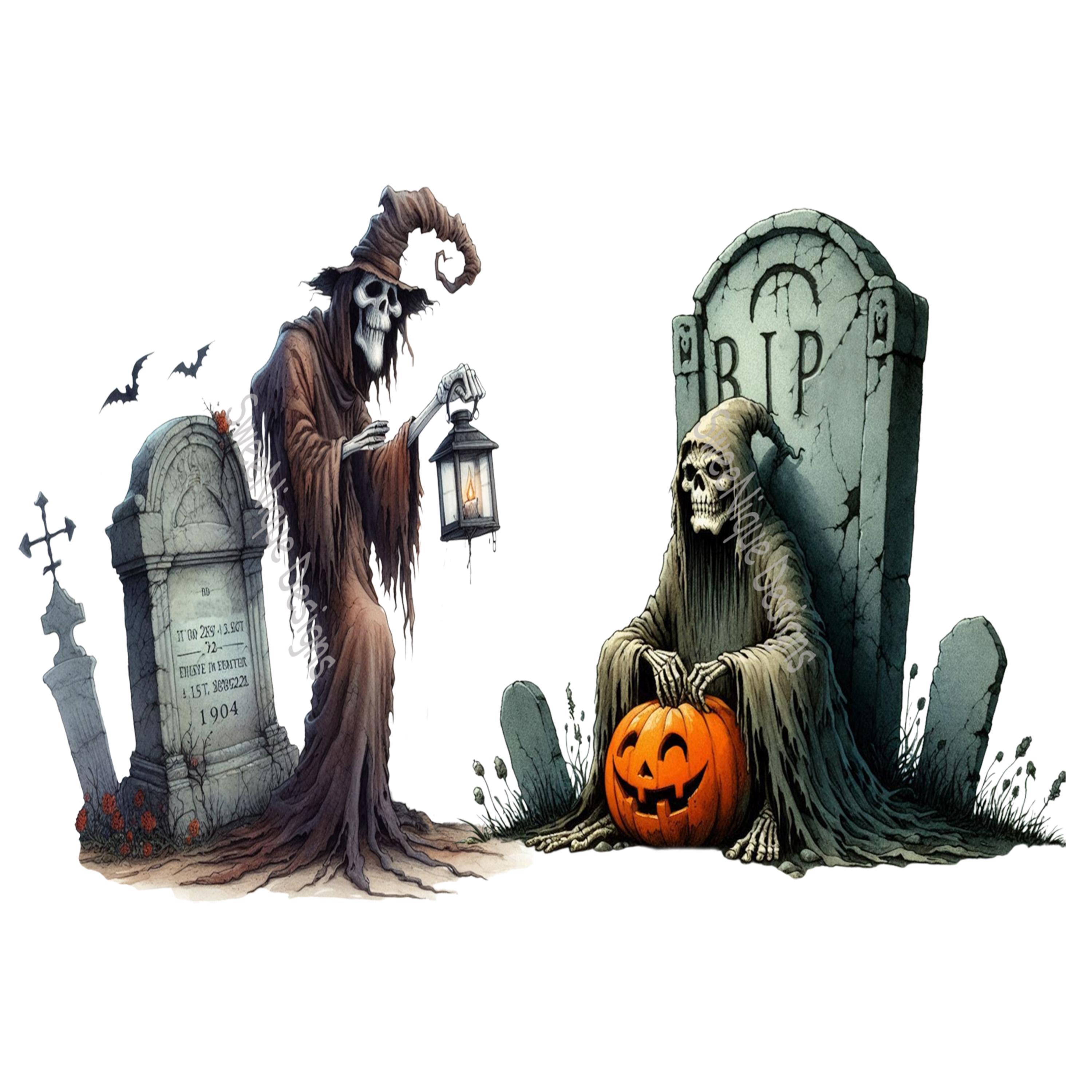 Ghoulish Graveyard Halloween PNG Clipart: Skeletons, Witches, Ghosts ...