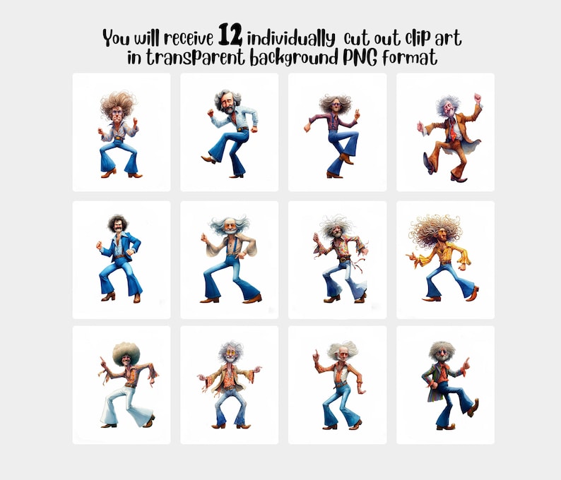 12 Funny Dancing 1970's Old Guys Clip Art Transparent Background PNG ...