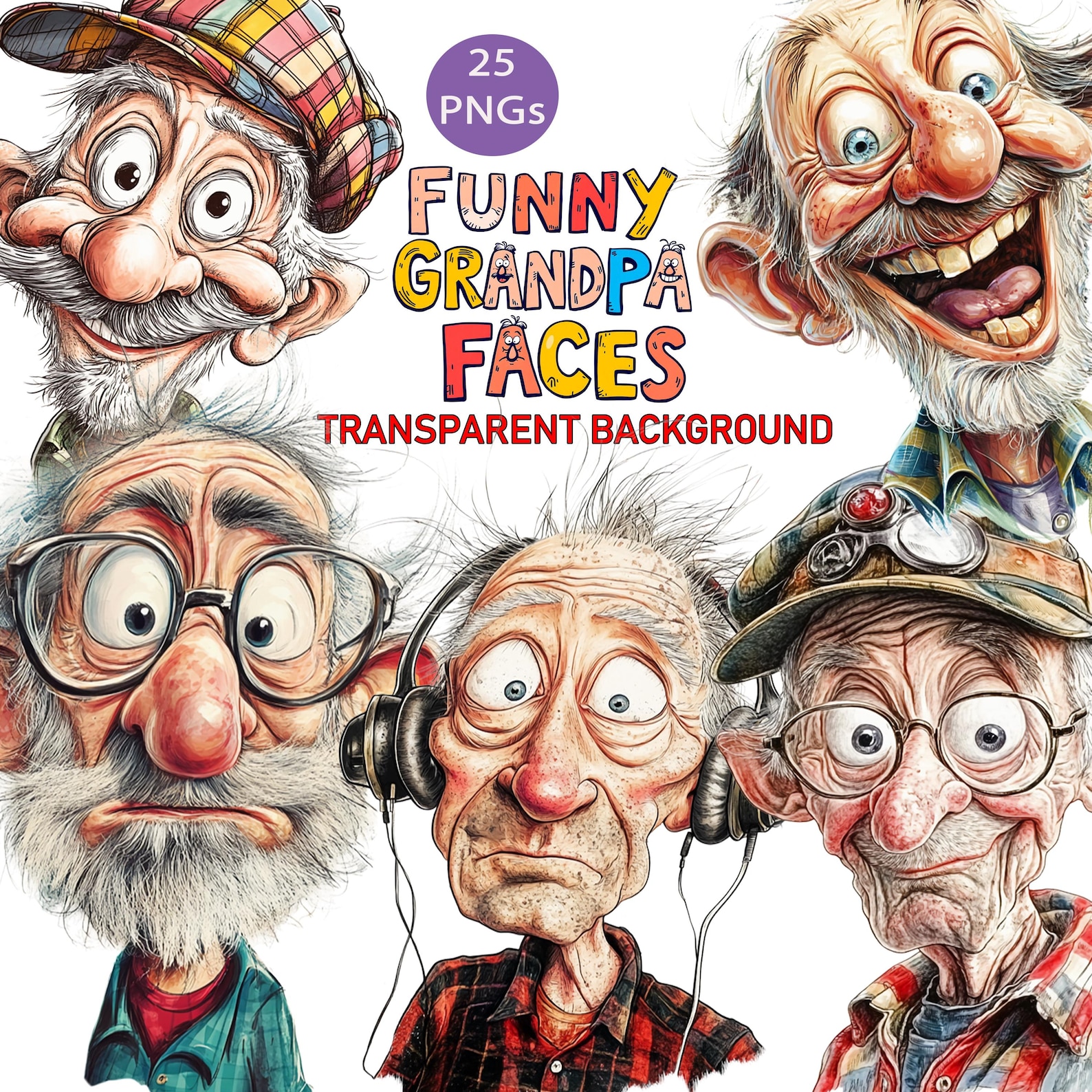 25 Quirky Funny Grandpa Faces Clip Art Transparent Background PNG 300 ...