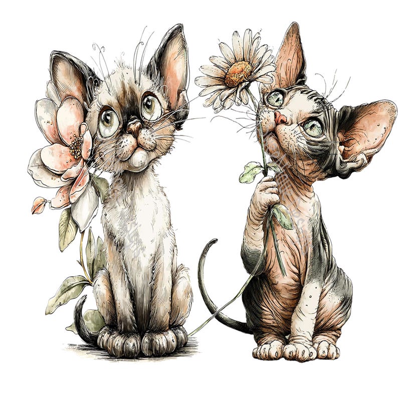 Spring Kitten Clipart: 22 Watercolor Flower Cat PNG Graphics (digital ...