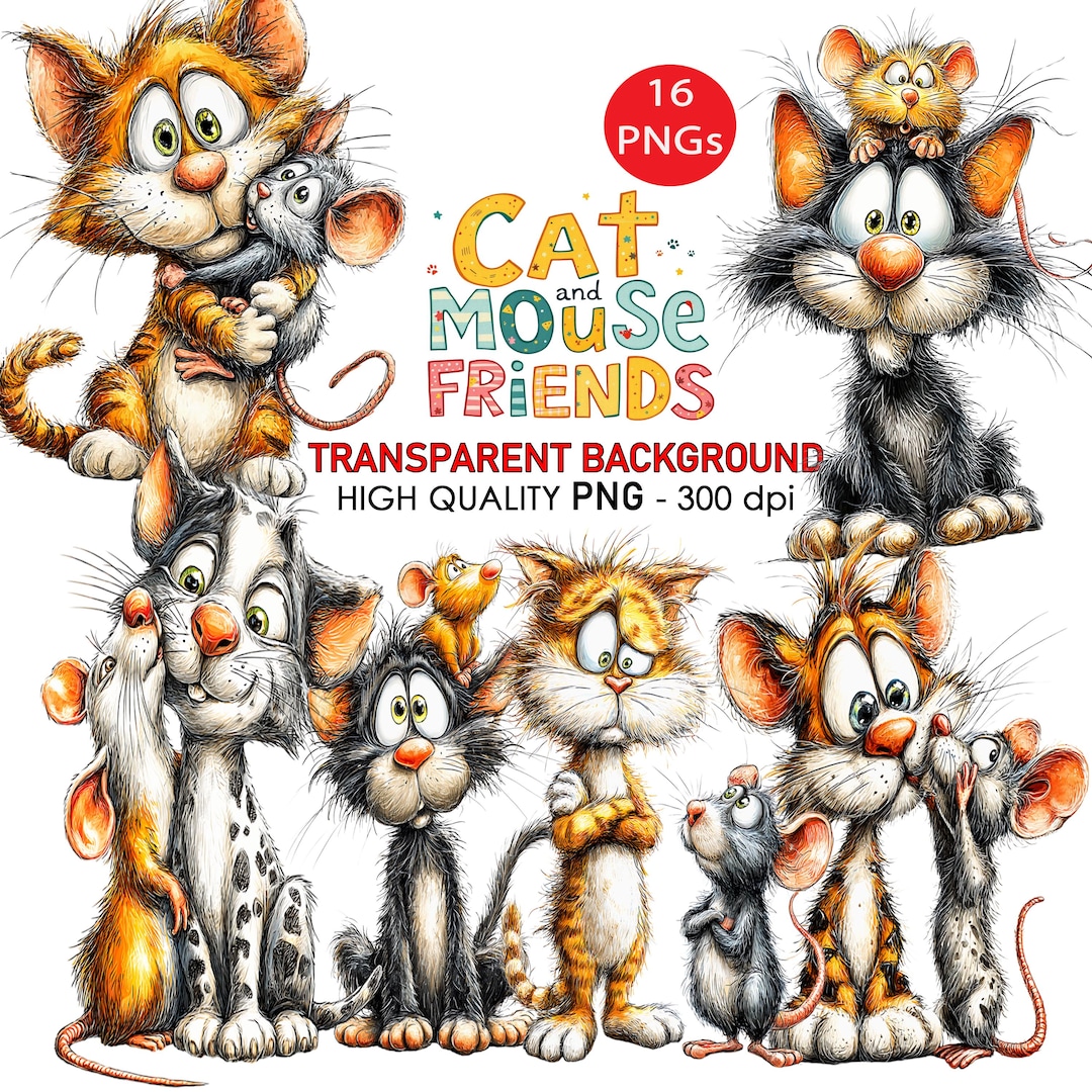 16 Quirky Cat and Mouse Best Friends Clipart PNG Clipart Watercolor ...