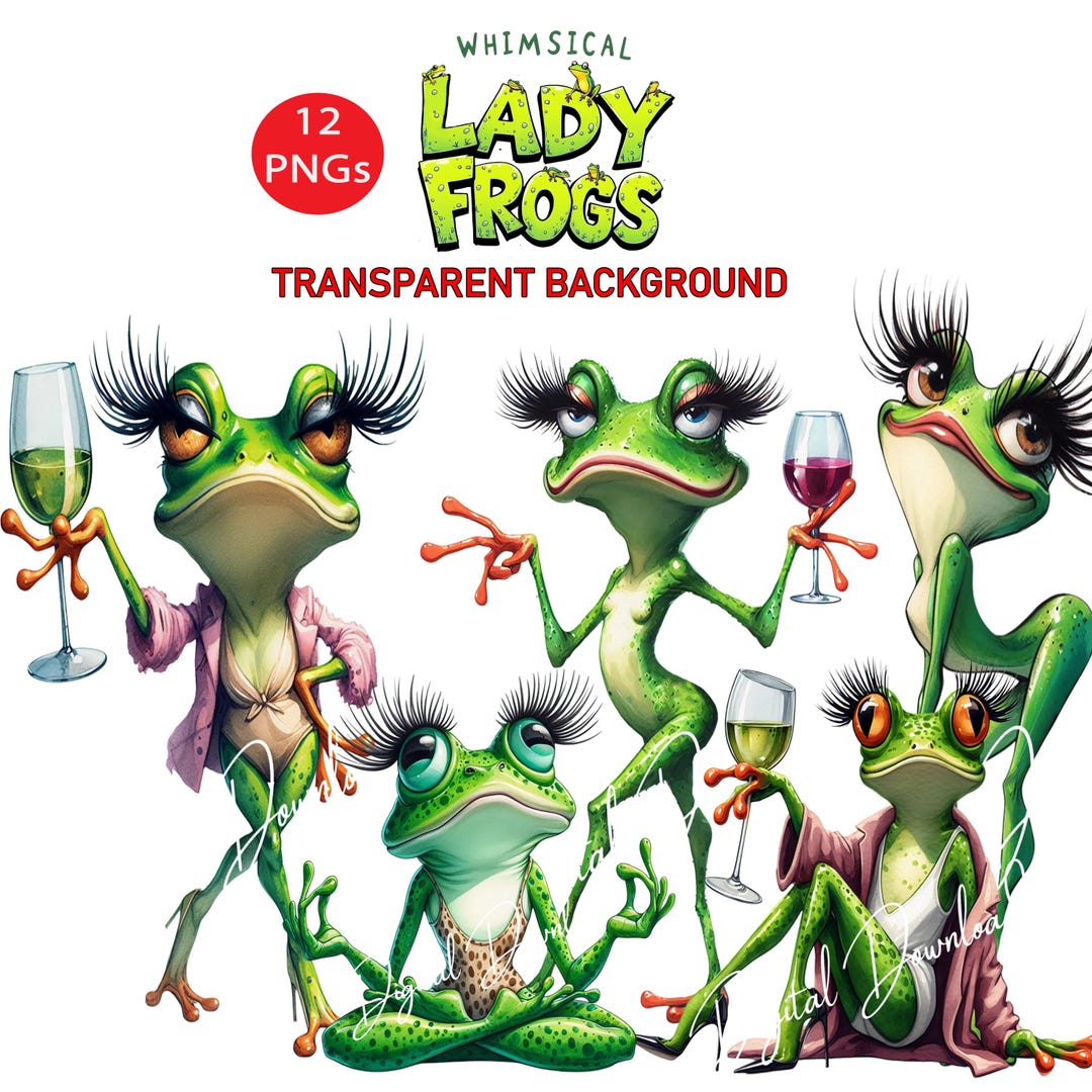 12 Whimsical Lady Frogs Clipart Character Pngs, Transparent Background ...
