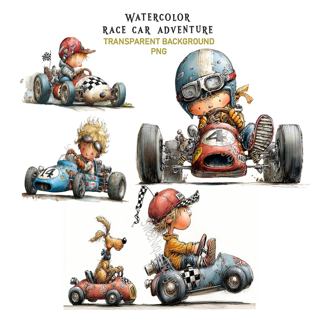 Little Boy Race Car Adventure Clipart, 14 Whimsical Kids Watercolor ...