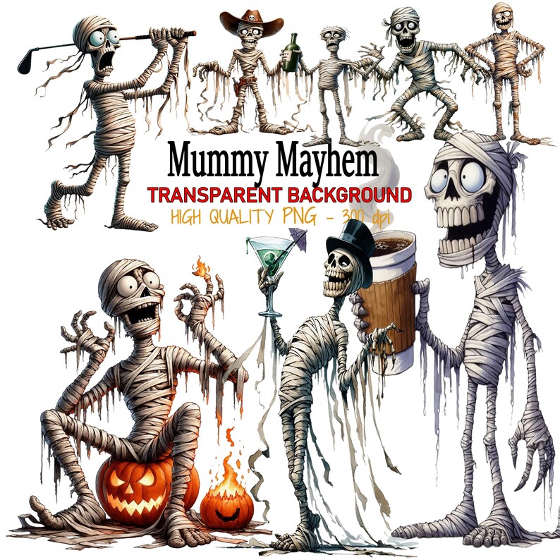 Funny Halloween Clipart: Cute Spooky Mummy Graphics (25 Transparent ...
