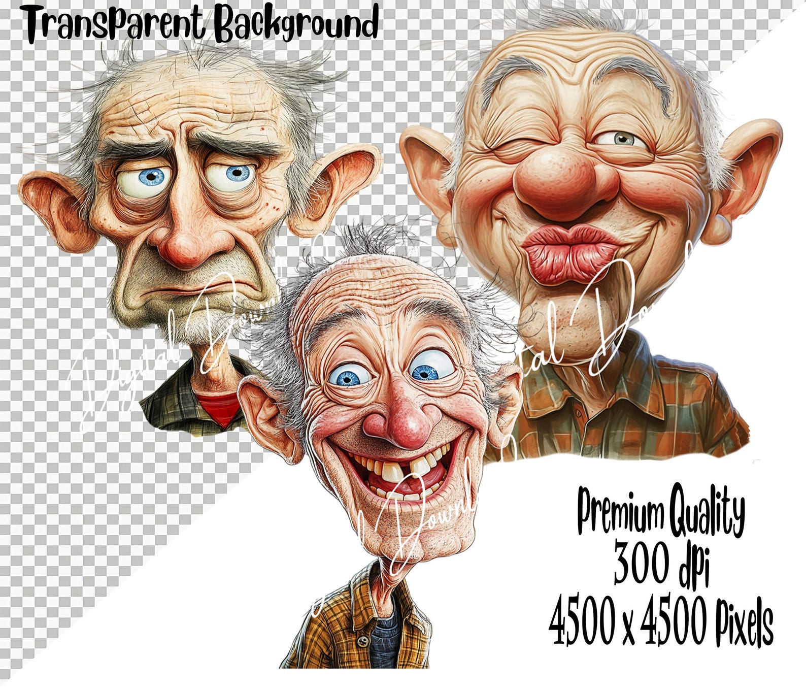 25 Quirky Funny Grandpa Faces Clip Art Transparent Background PNG 300 ...