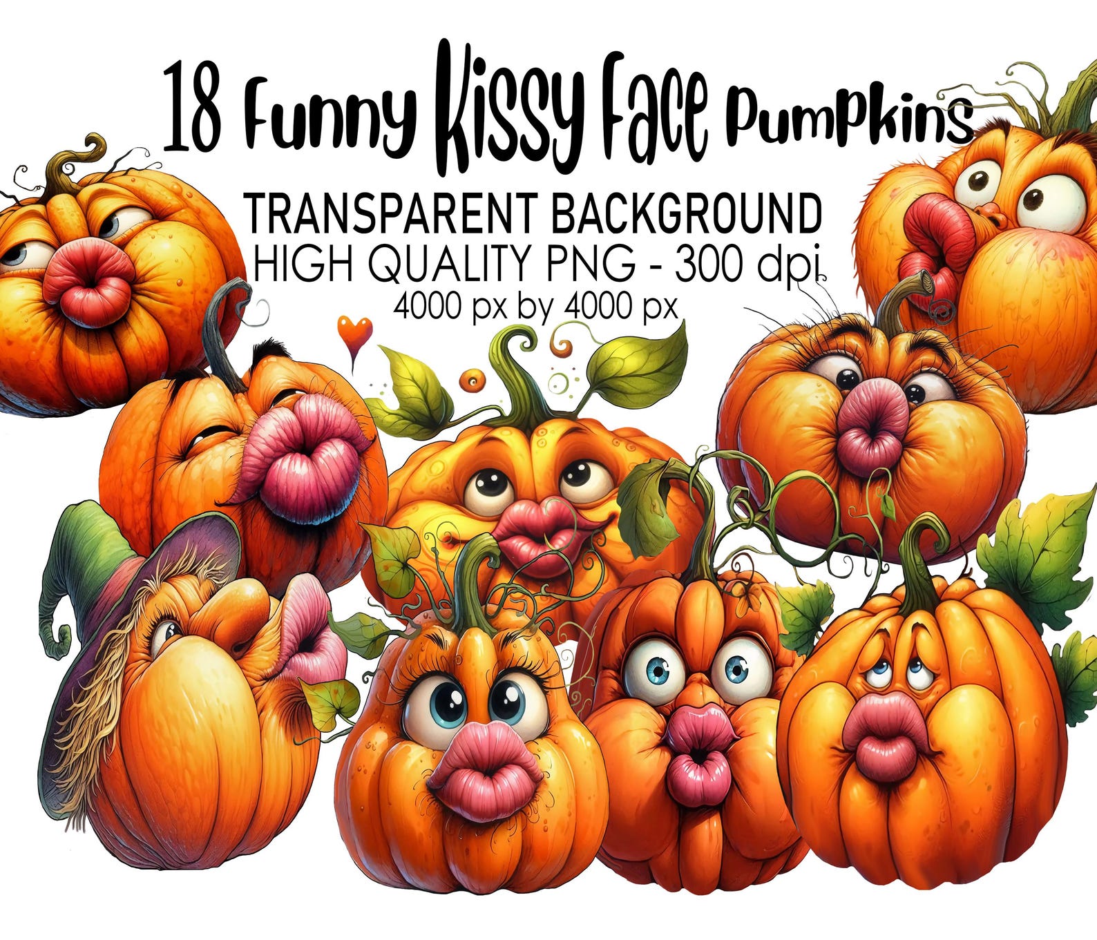 18 Transparent Background Funny Kissy Face Pumpkins Clip Art, PNG 300 ...
