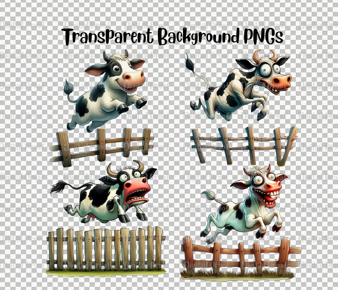 Funny Cows Jumping Fences Clip Art, 10 Transparent PNG (digital ...