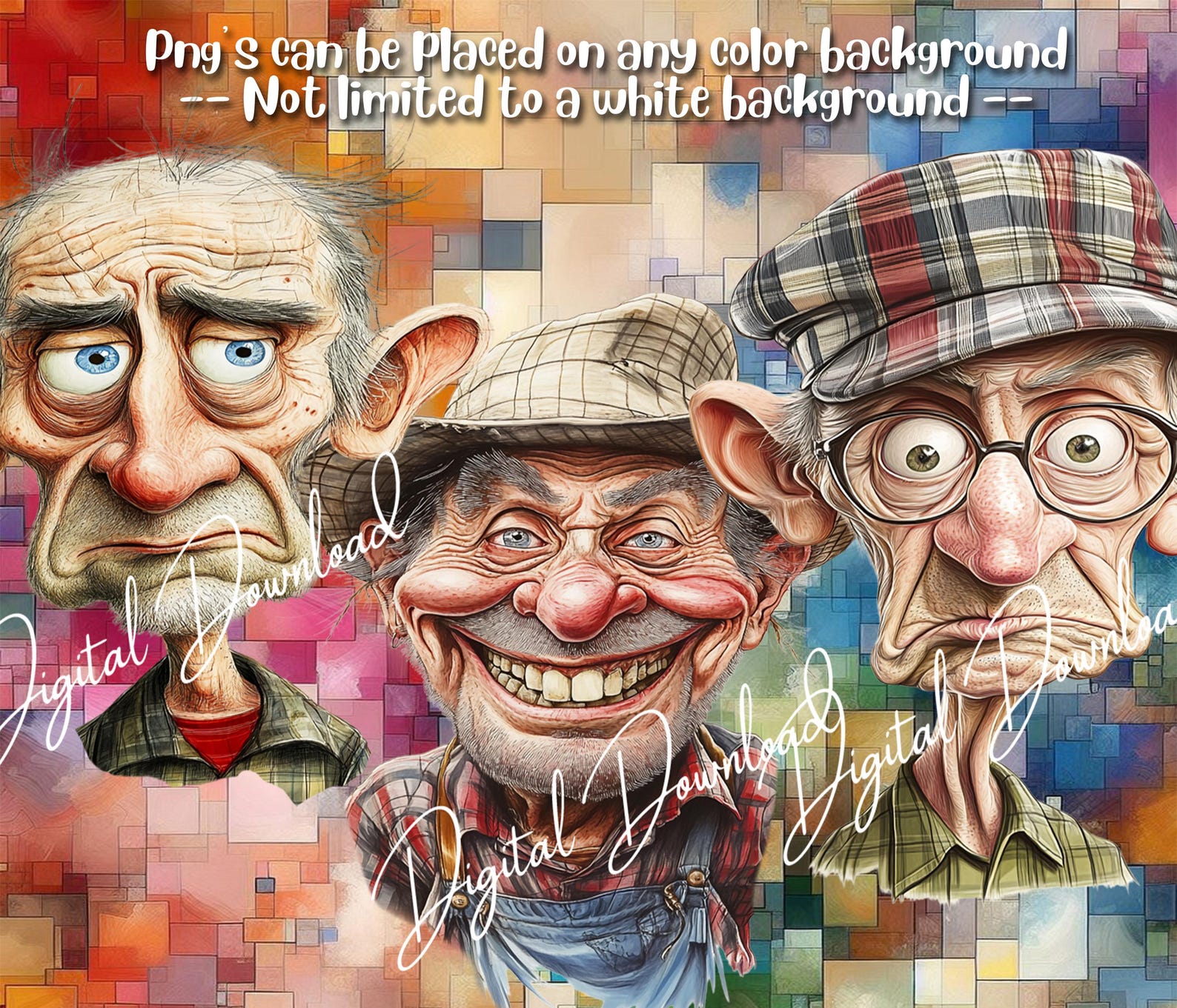 25 Quirky Funny Grandpa Faces Clip Art Transparent Background PNG 300 ...