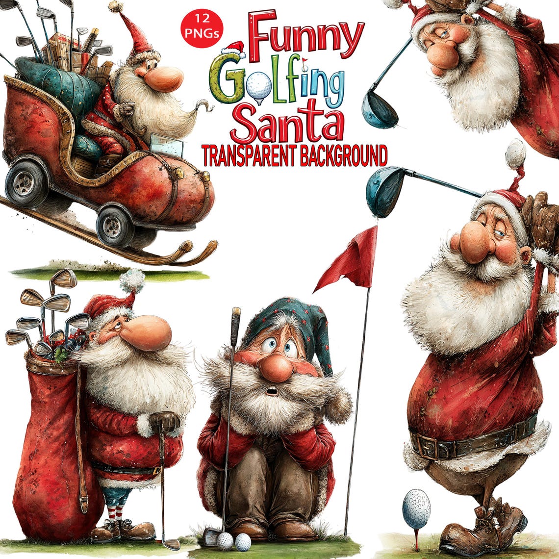 Funny Golfing Santa PNG Clipart: 12 Christmas Graphics, Transparent ...