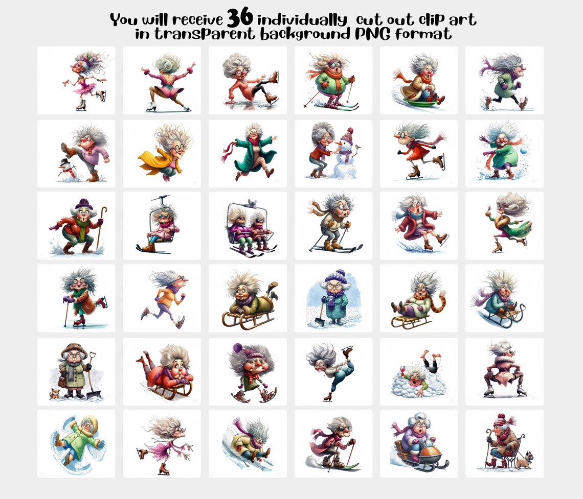 36 Funny Winter Old Ladies Clipart, Transparent Background PNG, Winter ...