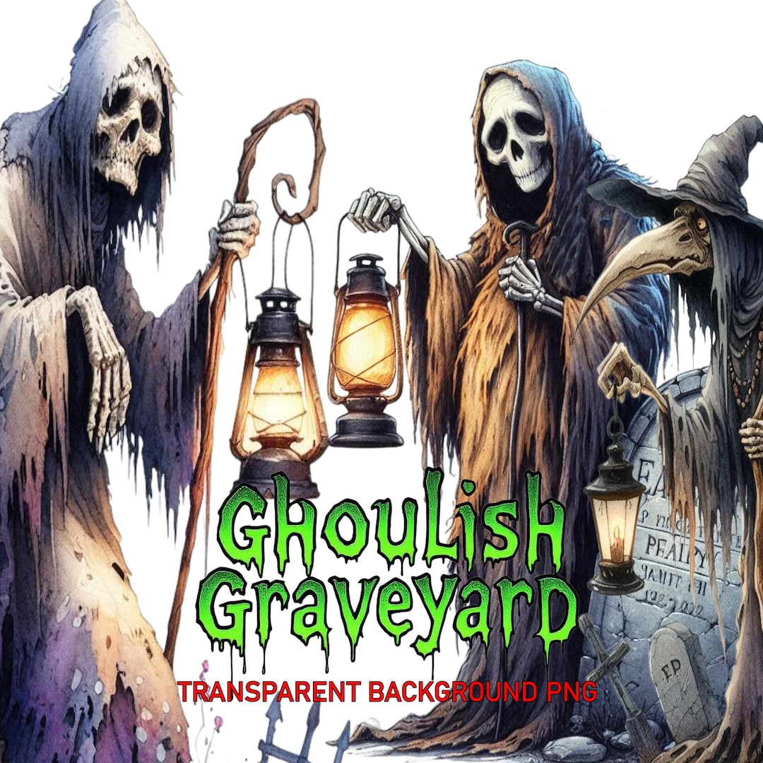 Ghoulish Graveyard Halloween PNG Clipart: Skeletons, Witches, Ghosts ...