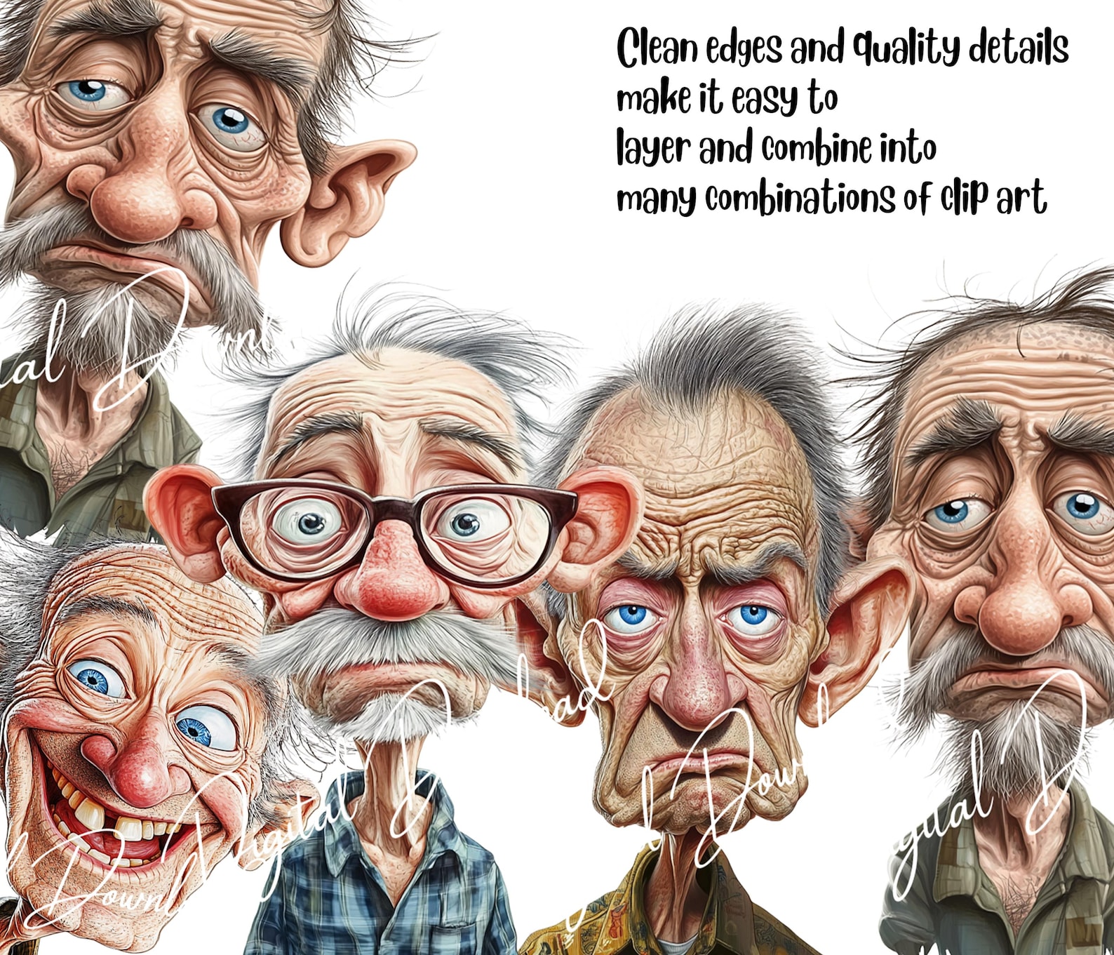 25 Quirky Funny Grandpa Faces Clip Art Transparent Background PNG 300 ...