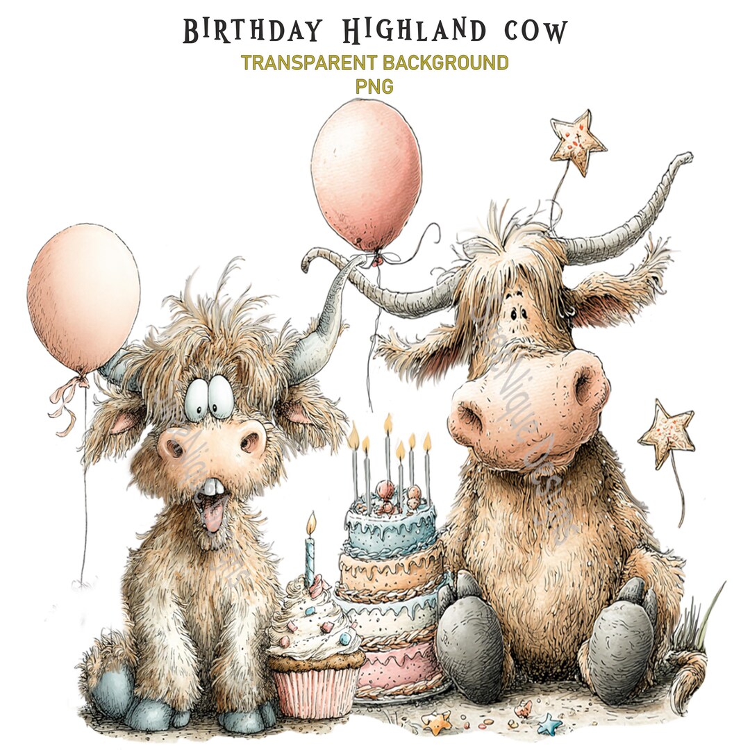 Birthday Highland Cow PNG Clipart: 15 Whimsical Farm Graphics ...