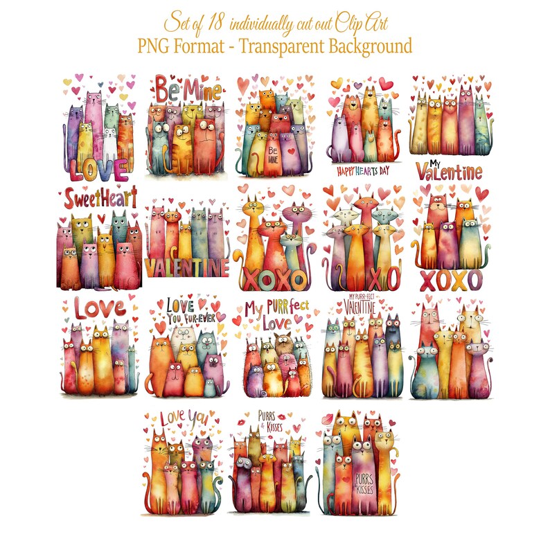 Funny Quirky Cats PNG Clipart: 18 Valentine Graphics, Transparent ...