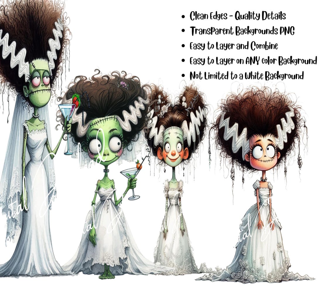 15 Halloween Bride of Frankenstein Clip Art PNG Transparent Background ...