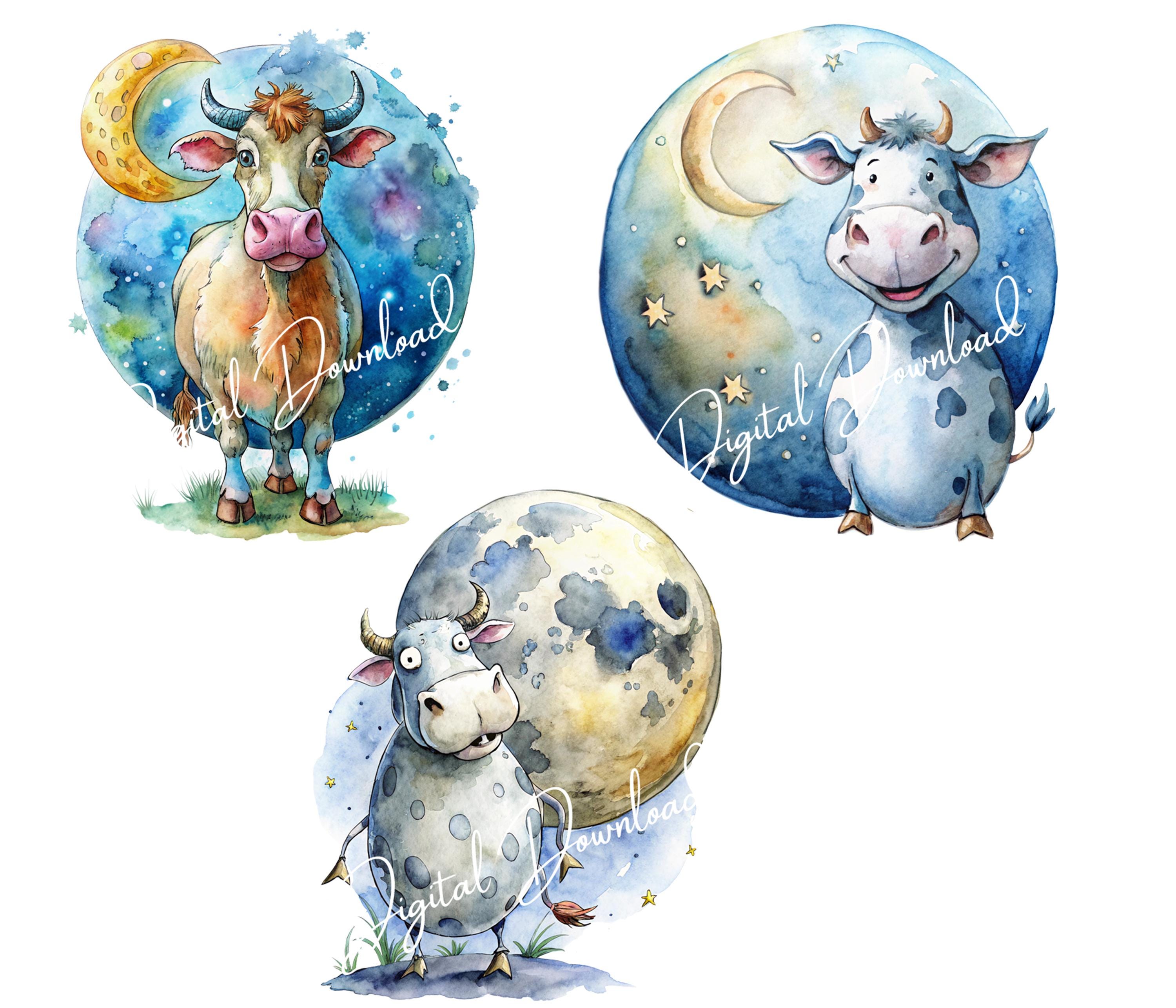 Funny Cows and Moon Watercolor Clipart, Nursery Art (PNG Digital ...