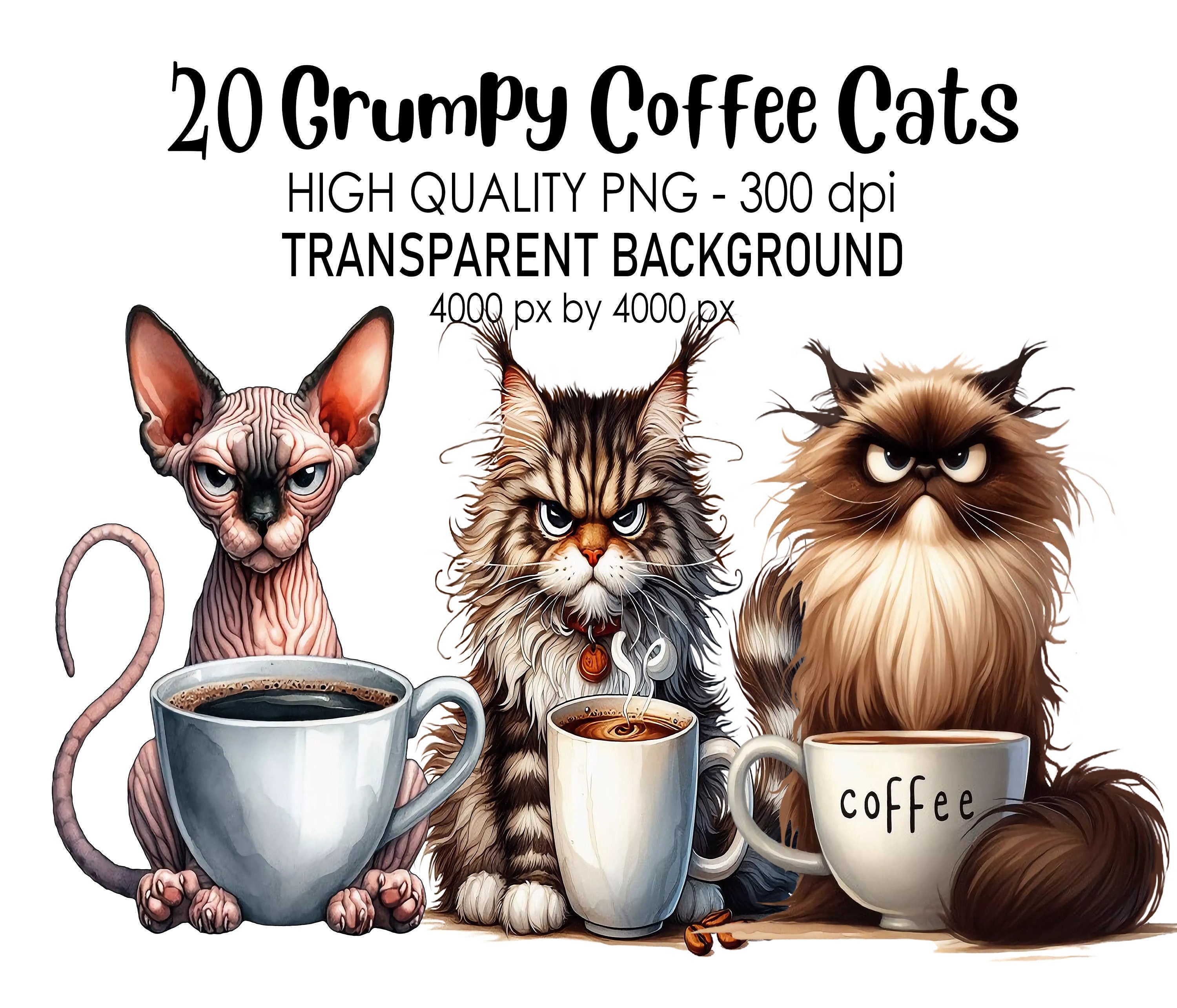 20 Grumpy Coffee Cats Transparent Background Clip Art, PNG 300 Dpi High ...