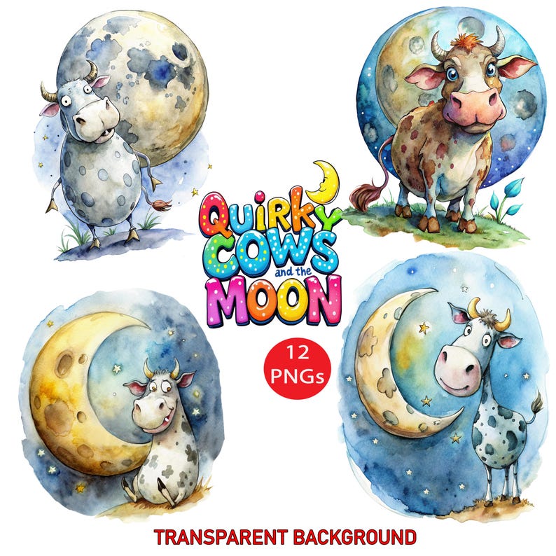 Funny Cows and Moon Watercolor Clipart, Nursery Art (PNG Digital ...