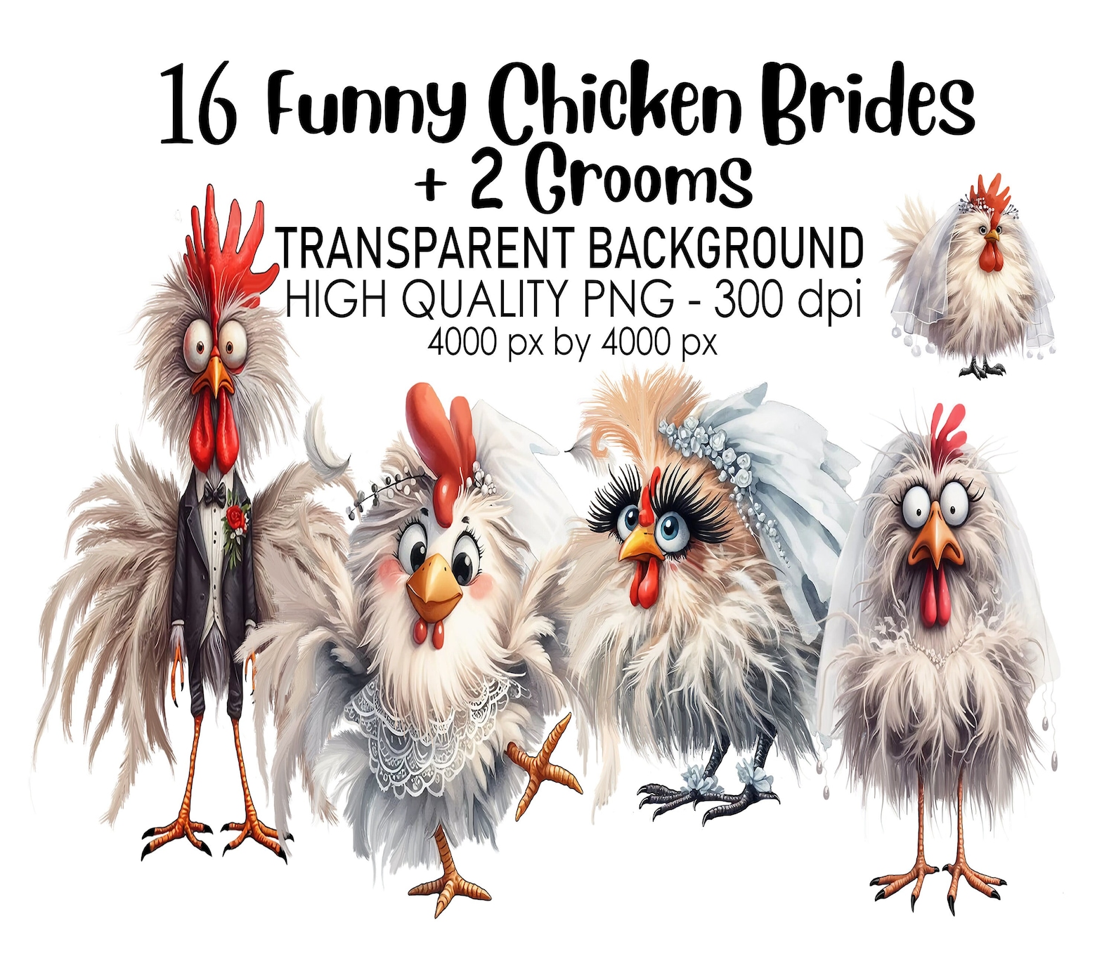 Funny Chicken Brides Clip Art, PNG Watercolor Style (digital Download ...