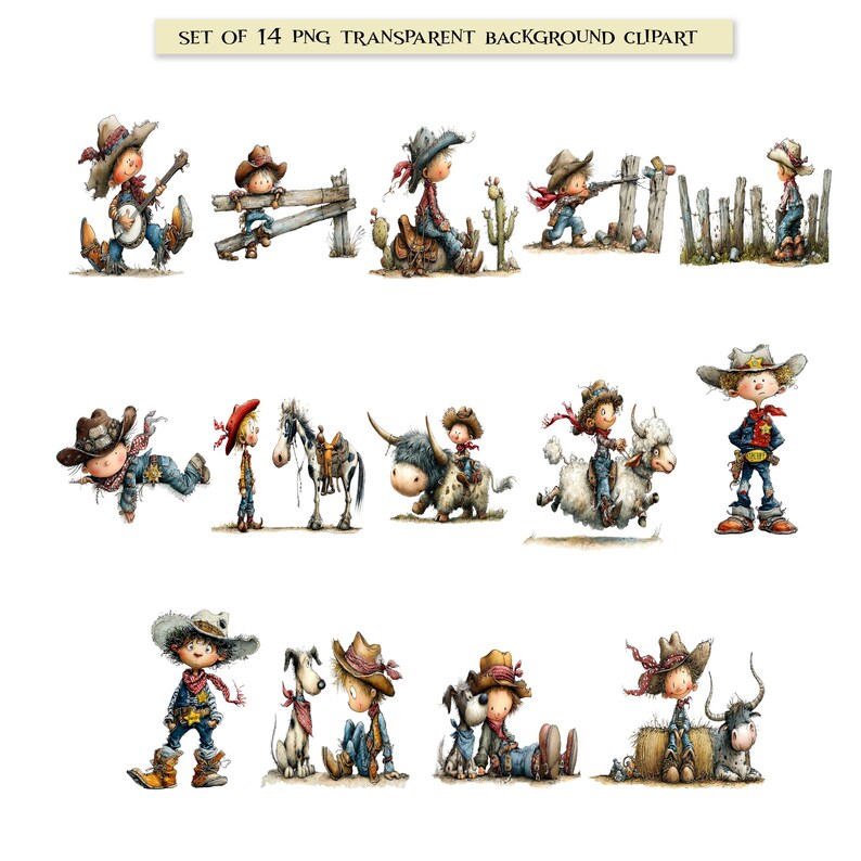 Kids Cowboy Adventure Clipart, 14 PNG Western Little Boy Graphics ...