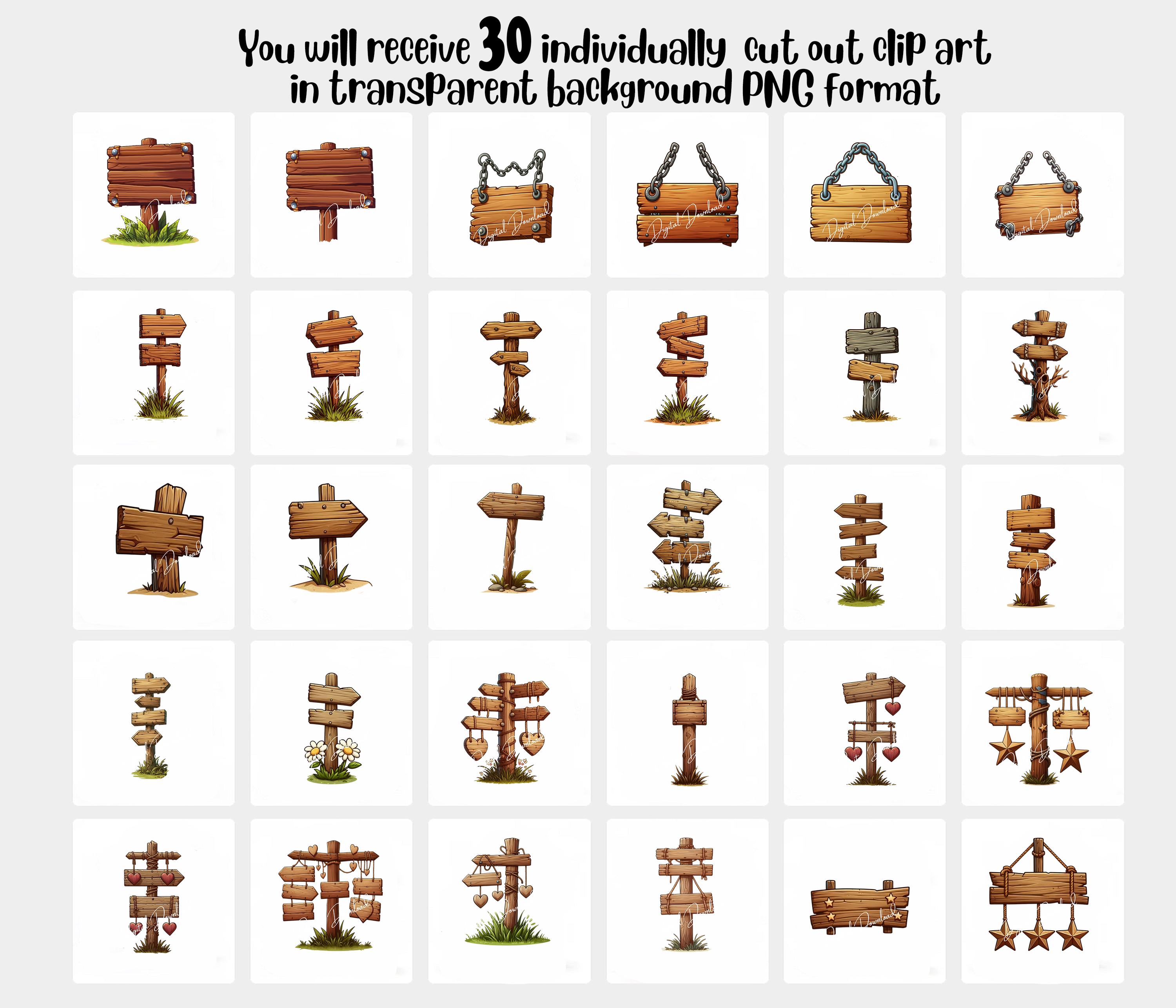 30 Rustic Wooden Signs Clip Art Elements PNG Transparent Background ...