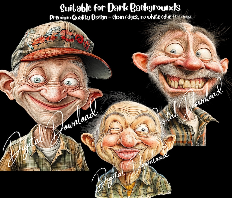 25 Quirky Funny Grandpa Faces Clip Art Transparent Background PNG 300 ...
