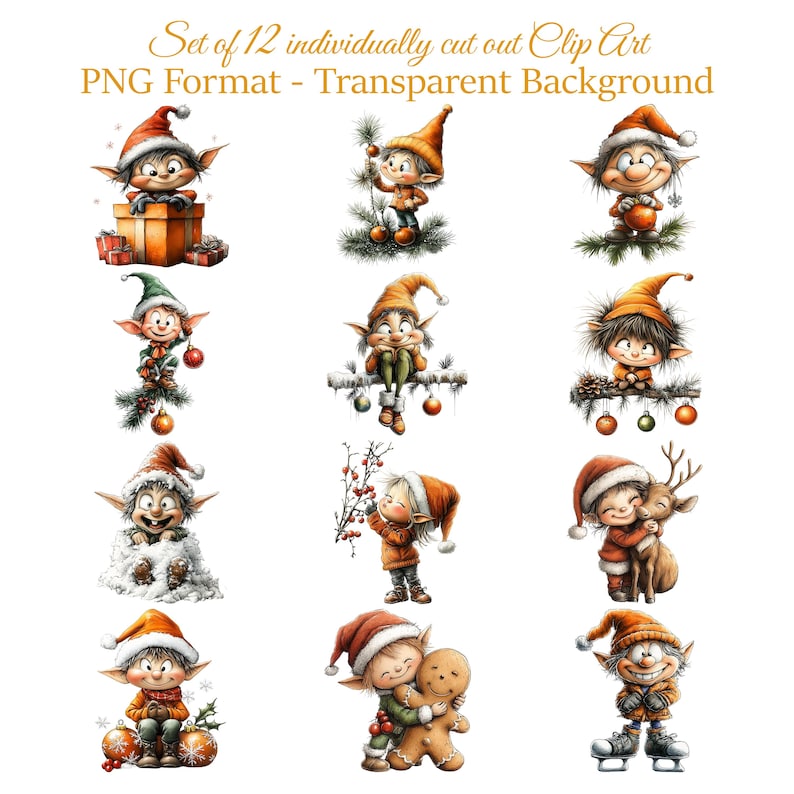 Whimsical Christmas Elves Clipart: Holiday PNG Graphics (digital ...