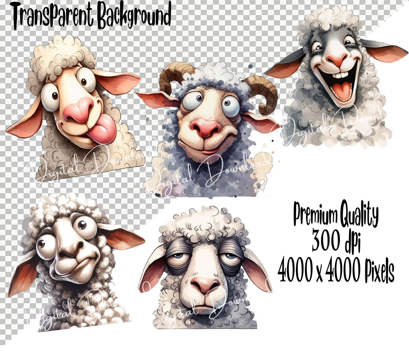 Funny Sheep Face Portraits Clip Art, Transparent PNG (digital Download ...